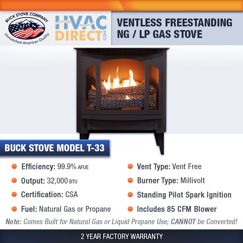 Buck Stove Premier T-33 Vent-Free 26" NG/LP Gas Stove w/ Blower & Legs ...
