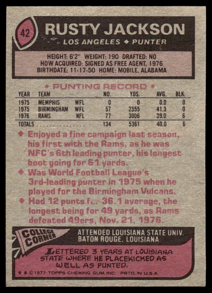 1977 Topps Rusty Jackson Rookie Los Angeles Rams #42 | eBay