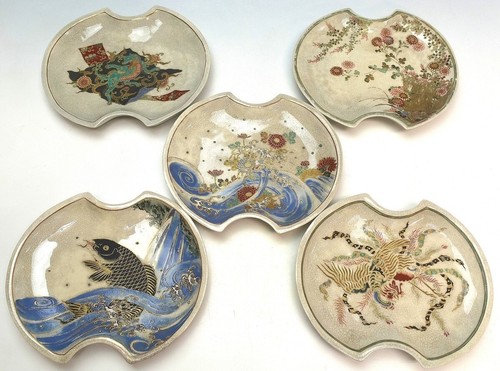 Antique Satsuma Ware Porcelain Deformed Plate set of 5 w/box Meiji era ...