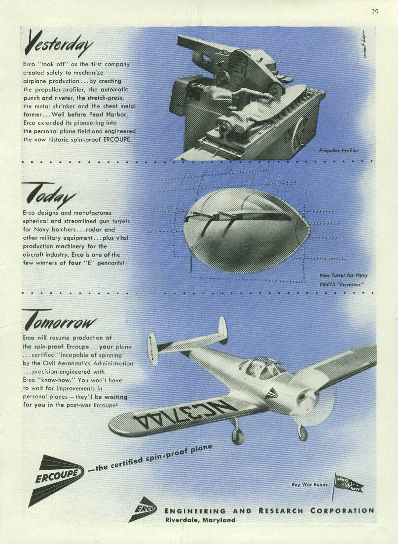 Yesterday - Today - Tomorrow Ercupe Certified Spin-Proof Plane ad 1945 ...
