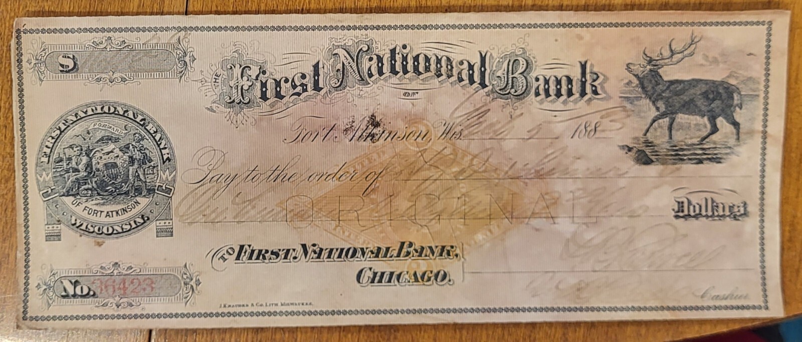 1883 Fort Atkinson Wisconsin First National Bank Check Moose | eBay
