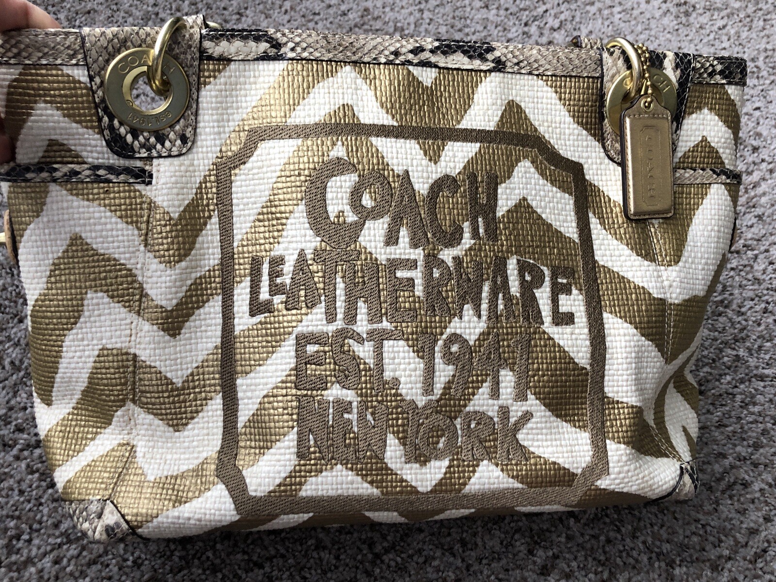 COACH GOLD IVORY ZEBRA PRINT RAFFIA STRAW TOTE PURSE … - Gem