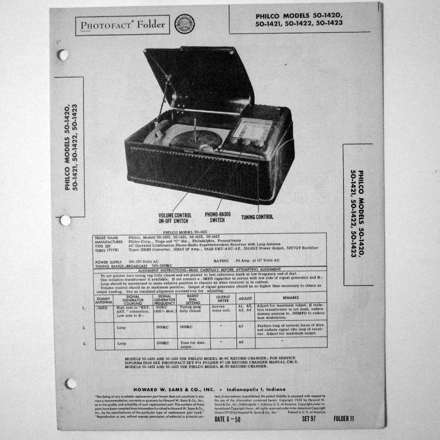 Philco Models 50-1420 50-1421 50-1422 50-1423 Phono SAMS Photofact ...