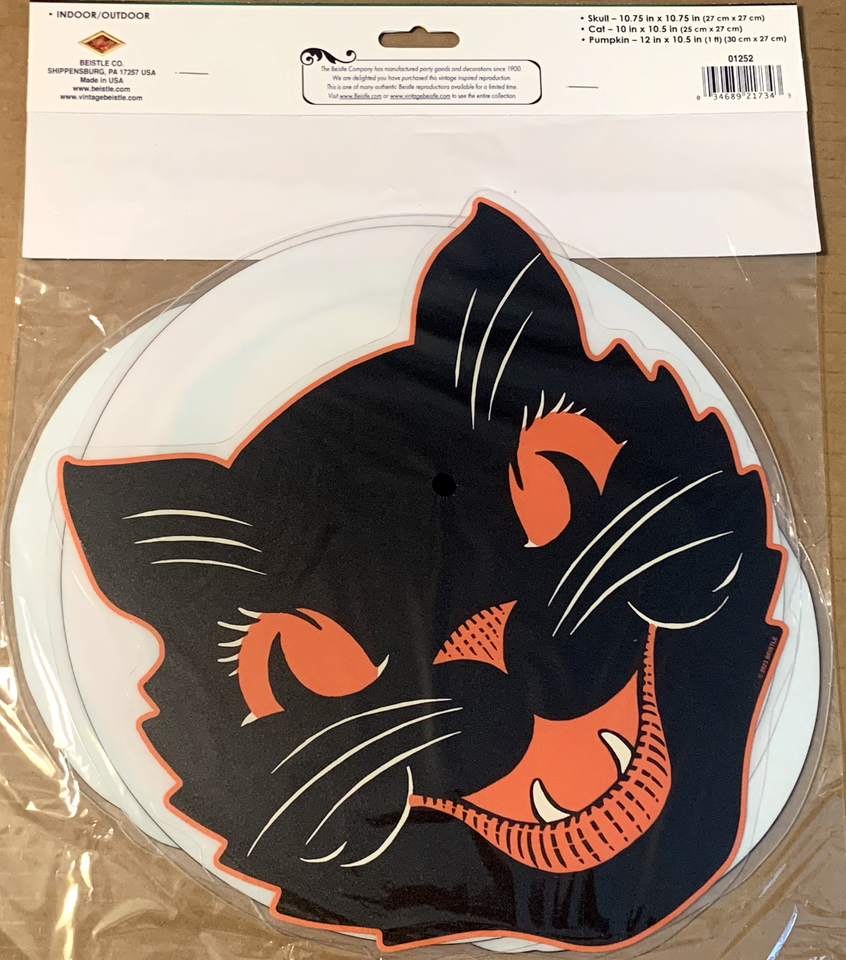 BEISTLE VINTAGE RETRO PUMPKIN, BLK CAT & SKULL PLASTIC CUTOUTS 10" -12 ...