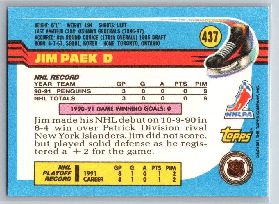 1991-92 Topps Jim Paek Rookie Pittsburgh Penguins RC #437 | eBay