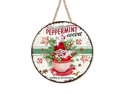 Peppermint Cocoa Christmas on 12 inch Round Printed Wood Sign, Door ...