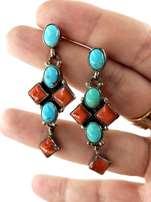 M. SILVERSMITH Sterling Silver Earrings Turquoise Coral Post Dangle ...