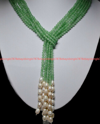 Beautiful 3 Strands Natural 4mm Green Jade White Freshwater Pearl ...