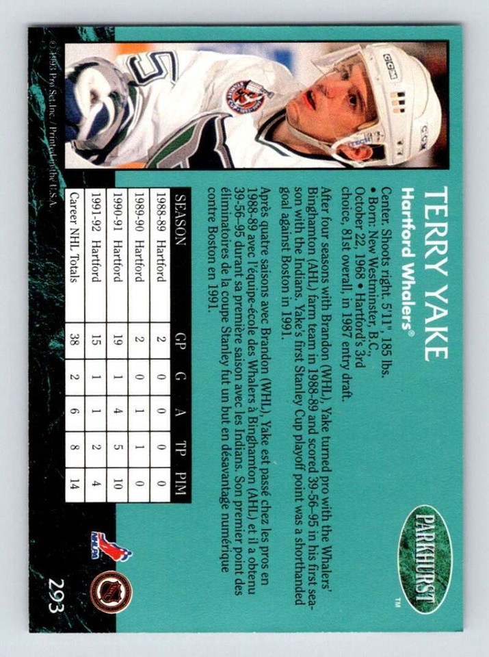 Terry Yake 1992-93 Parkhurst #293 Whalers ID:21825 | eBay