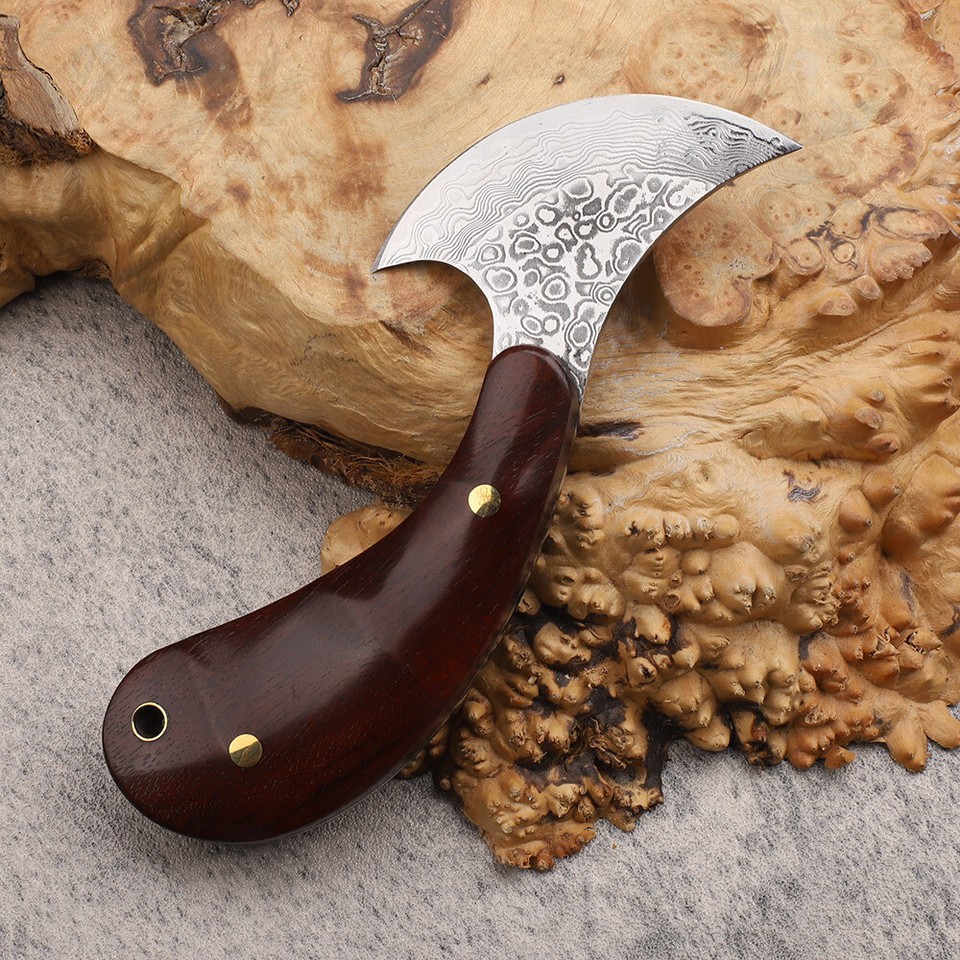 Small Damascus Round Head Knife Leather Craft Cutter Rosewood Handle ...