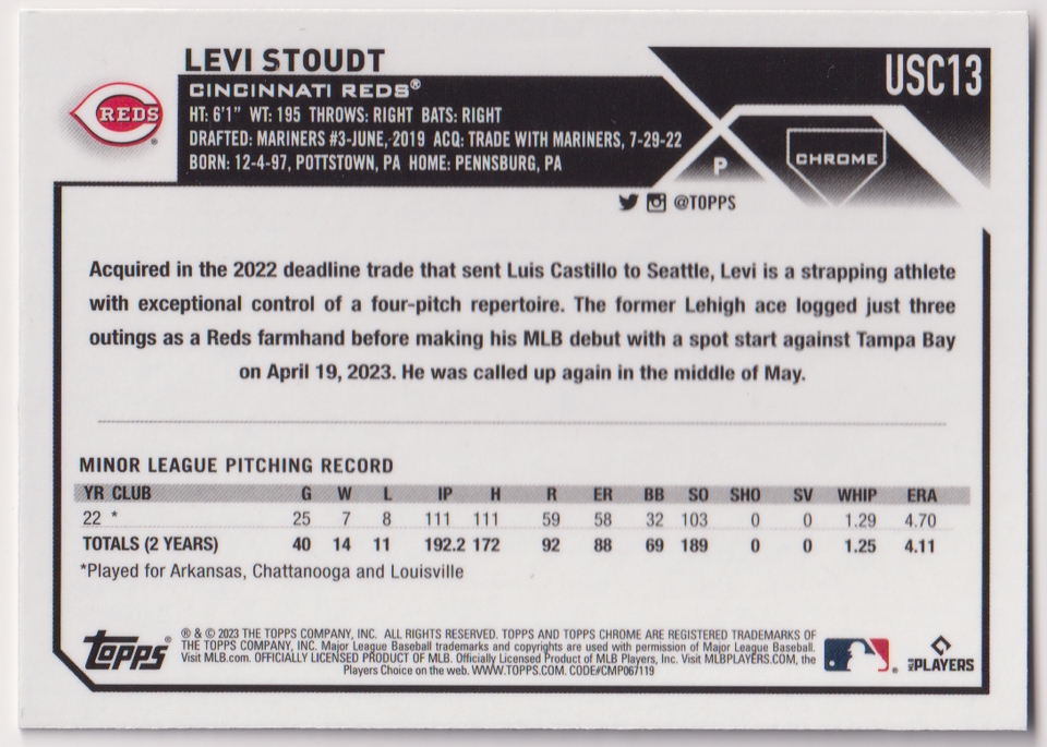 2023 Topps Update Chrome #USC13 Levi Stoudt RC Cincinnati Reds | eBay