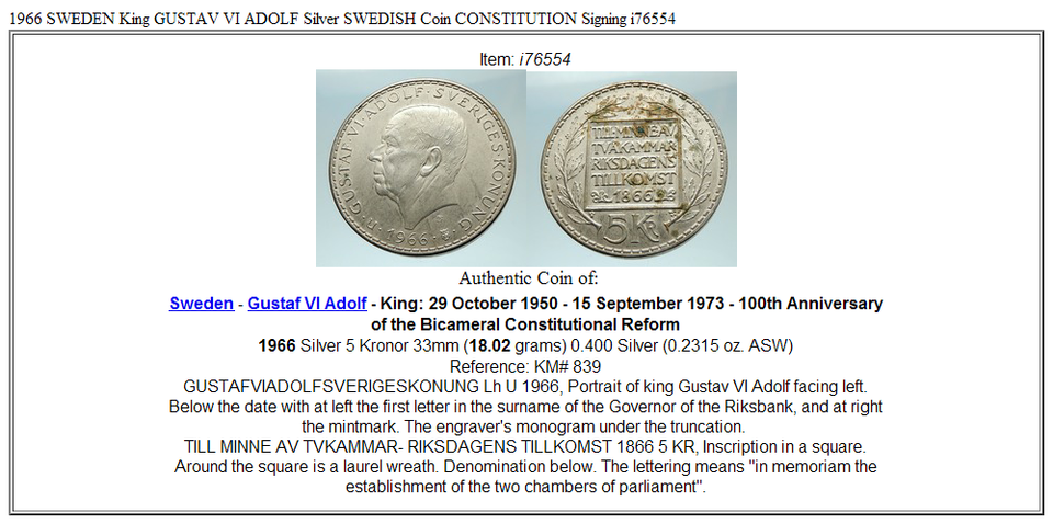 1966 SWEDEN King GUSTAV VI ADOLF Silver SWEDISH Coin CONSTITUTION ...
