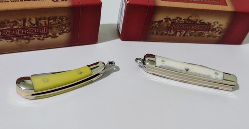 LOT 2 KNIVES VINTAGE YELLOW RAZOR WHITE BONE TRAPPER HUNTING POCKET ...
