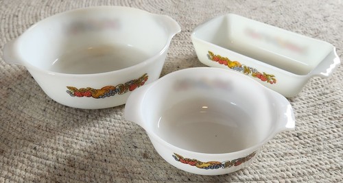 3 Pc VTG Anchor Hocking Fire King Baking Dishes Milk Glass Fruit Pattern No Lids | eBay