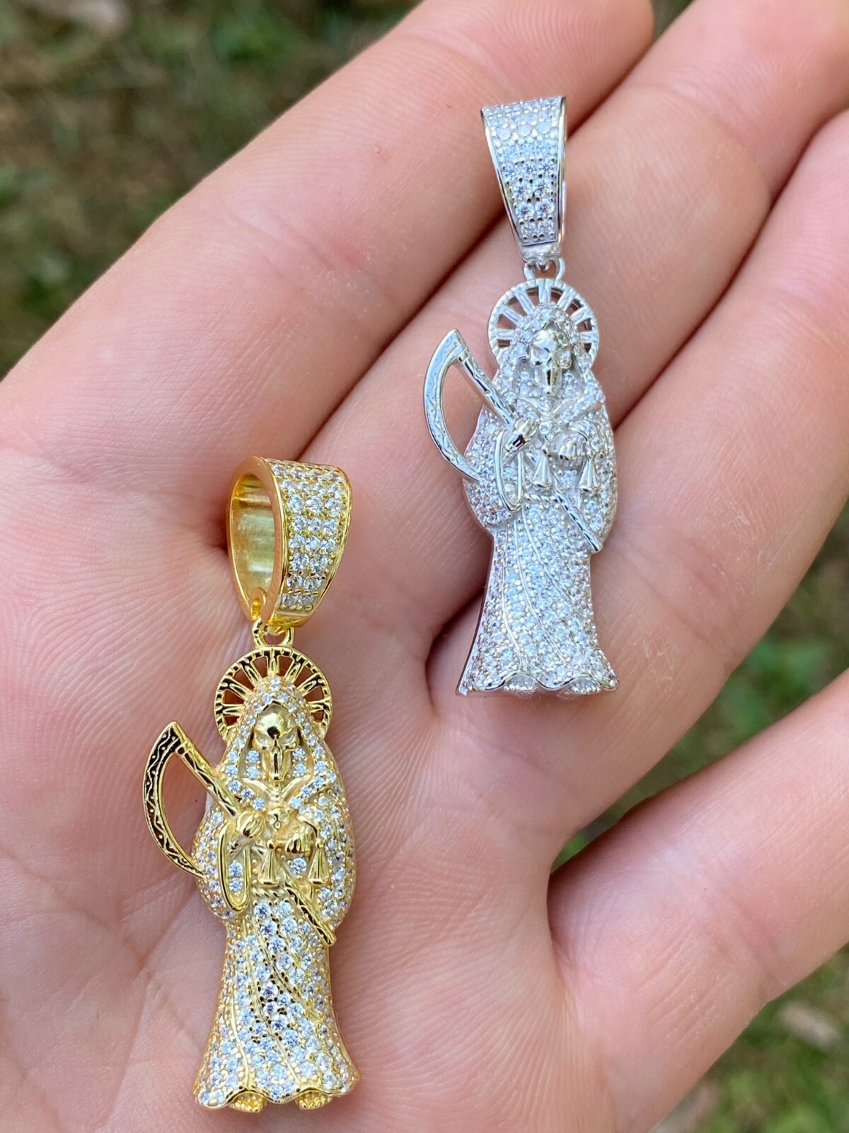 925 Silver / Gold Plated Santa Muerte Grim Reaper Death Pendant Real ...