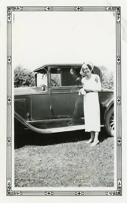 Well Dressed Woman Standing by Early Car Old Vintage Snapshot Photo ...