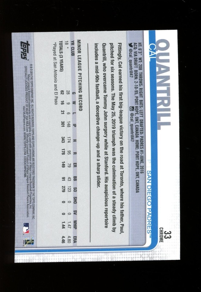 2019 Topps Chrome Update #33 Cal Quantrill San Diego Padres Rookie Card ...