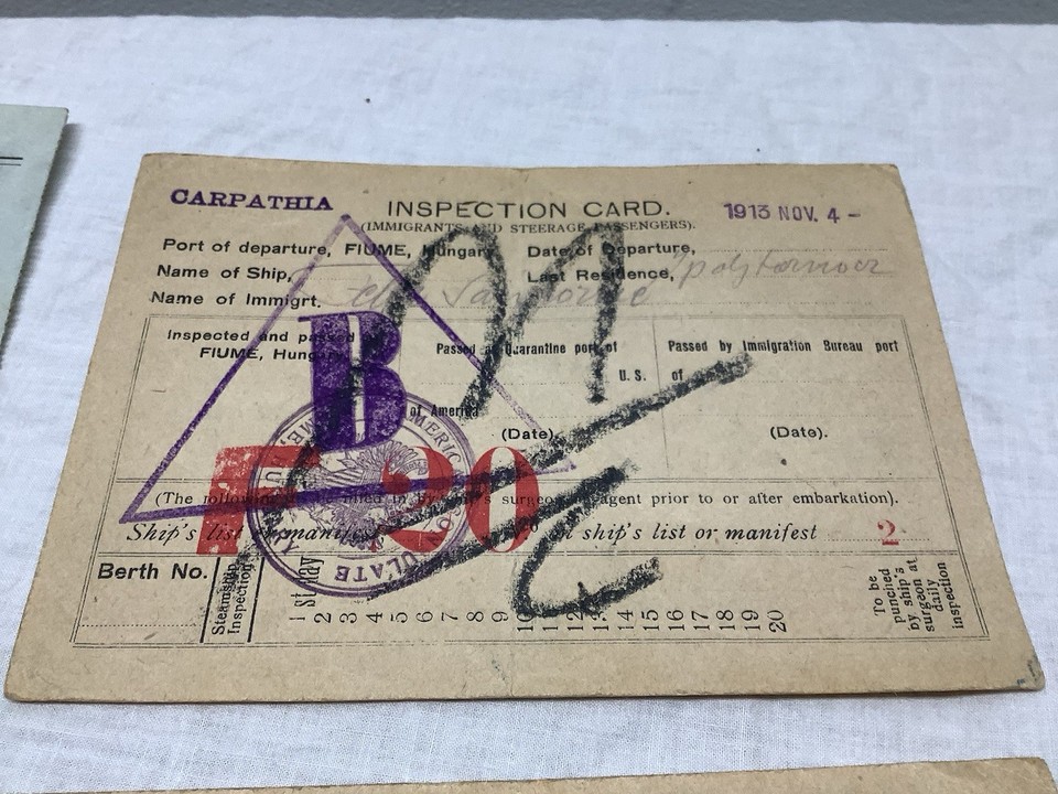 Cunard Line 1913 Carpathia Ephemra Inspection Cards Steerage Vaccine ...