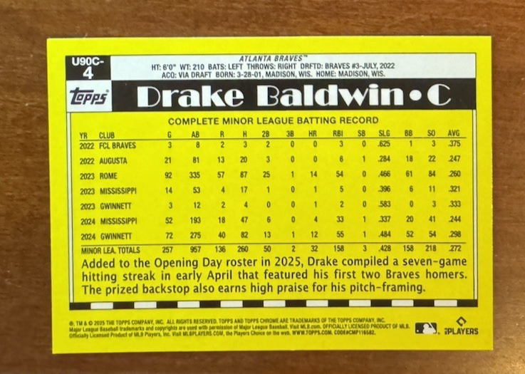 2025 Topps Update ~ Drake Baldwin RC #U90C-4 ~ Silver Pack Mojo ...