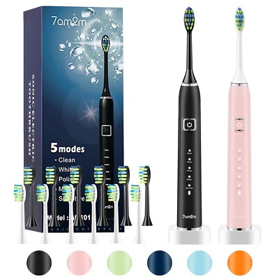 7AM2M Electric Toothbrush Set | 2-Pack for Kids & Adults, 12 Heads, 5 ...