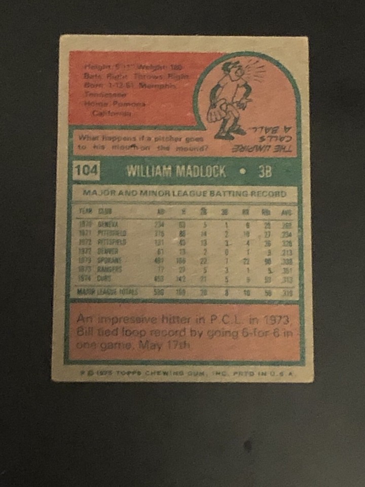 BILL MADLOCK 1975 TOPPS ROOKIE CUP SIGNED AUTOGRAPHED CARD #104 CHICAGO ...