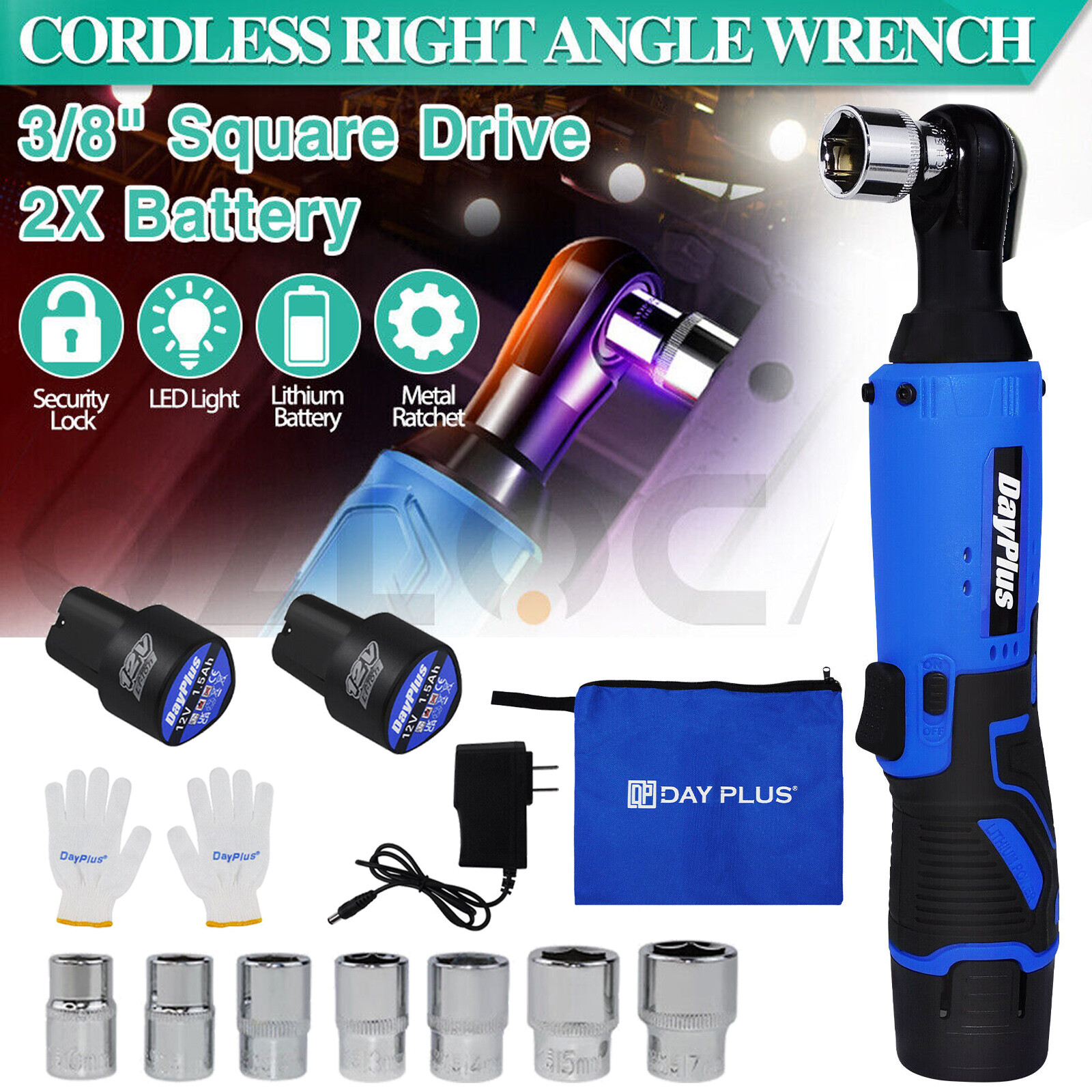 Cordless Electric Ratchet Right Angle Wrench Tool 3/8'' 120Nm Light 2X ...