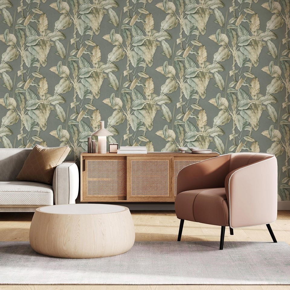 Chalky Blue Green Boho Palm Leaf Wallpaper Rasch 571462 Textured | eBay