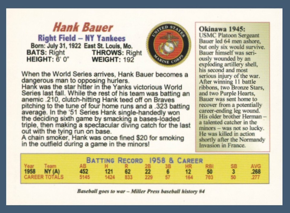Hank Bauer NY Yankees / Miller Press Baseball Goes to War / NM+ FREE ...