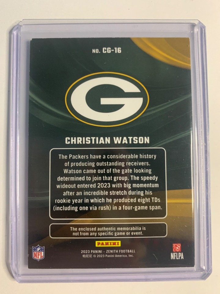 Christian Watson COLOR GUARD PATCH 2023 Panini Zenith #CG-16 Green Bay ...