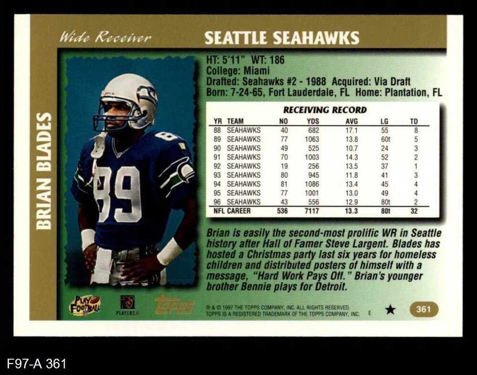 1997 Topps #361 Brian Blades Seahawks Miami(FL) 8 - NM/MT | eBay