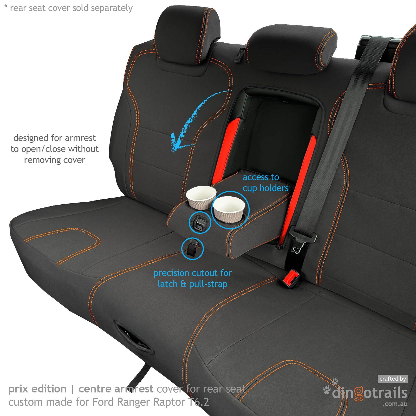 Fit Ford Ranger T6.2 Raptor (Jul22-Now) REAR CENTRE ARMREST Neoprene ...