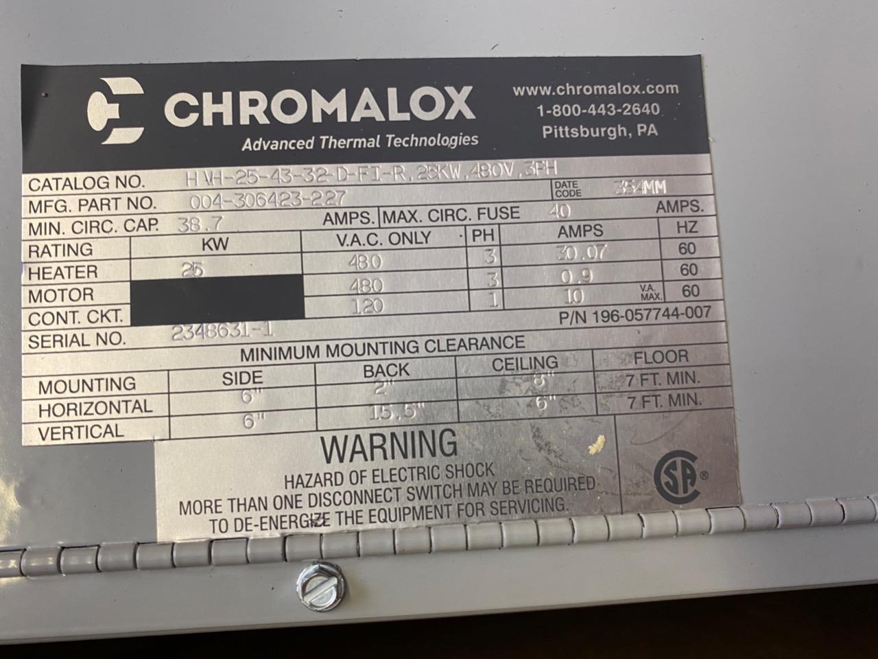 Chromalox HVH-25-43-32-D-FI-R Heater 25Kw 480V 3Ph | eBay