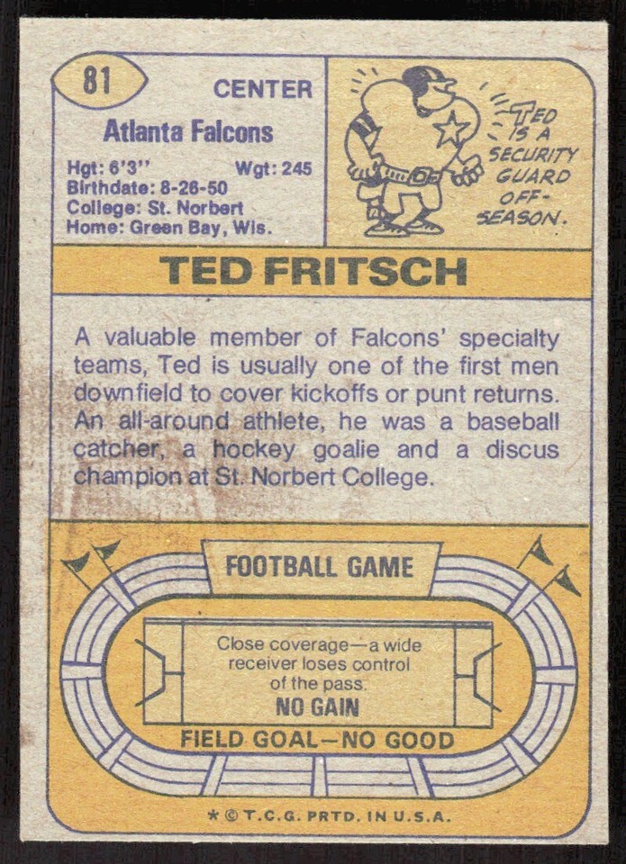 1974 7824A Topps TED FRITSCH Atlanta Falcons #81 | eBay
