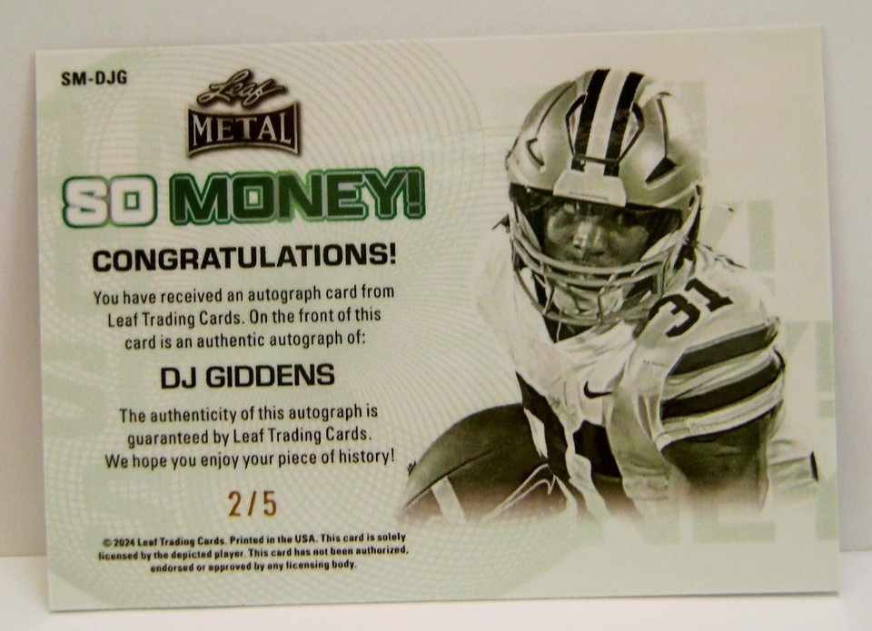 DJ GIDDENS SO MONEY #2 /5 AUTO LEAF METAL FOOTBALL 2024 | eBay