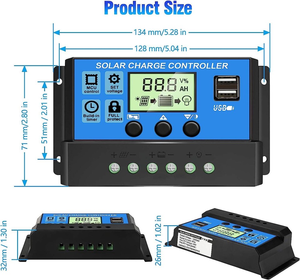 30A Solar Panel Battery Charge Controller 12V/24V LCD Regulator Auto ...