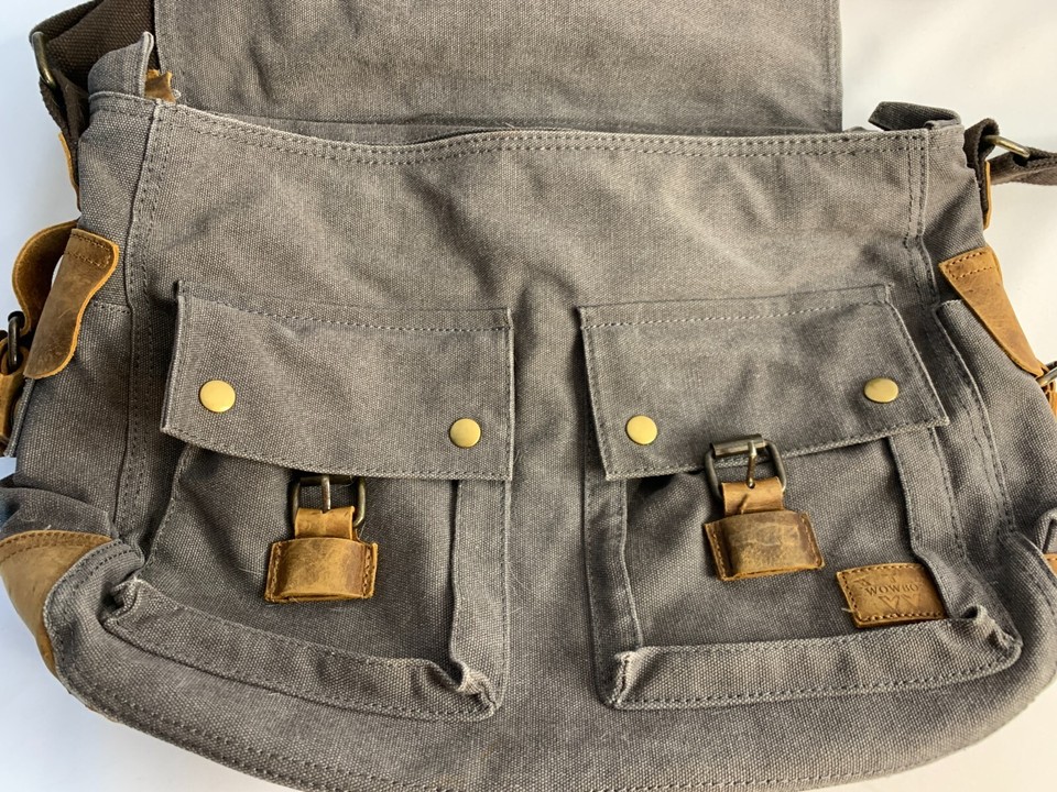 WOWBOX GRAY DISTRESSED CANVAS KNAPSACK BRIEFCASE w/ GENUINE BROWN ...