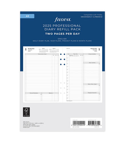 Filofax Time Management One Day On Two Pages Diary Refill - A5 2025 ...