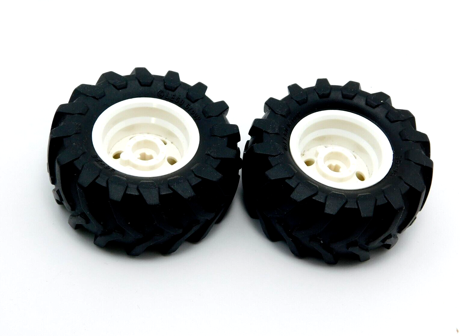 2 LEGO Large Tractor Tires 56 x 26 Wheel White Rims Hub Axle Hole 70695 ...