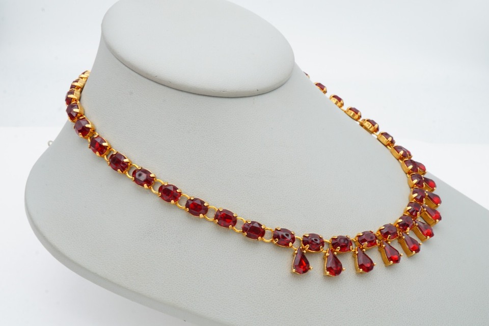Vintage Necklace Gold Tone Red Rhinestone Teardrop 18" | eBay