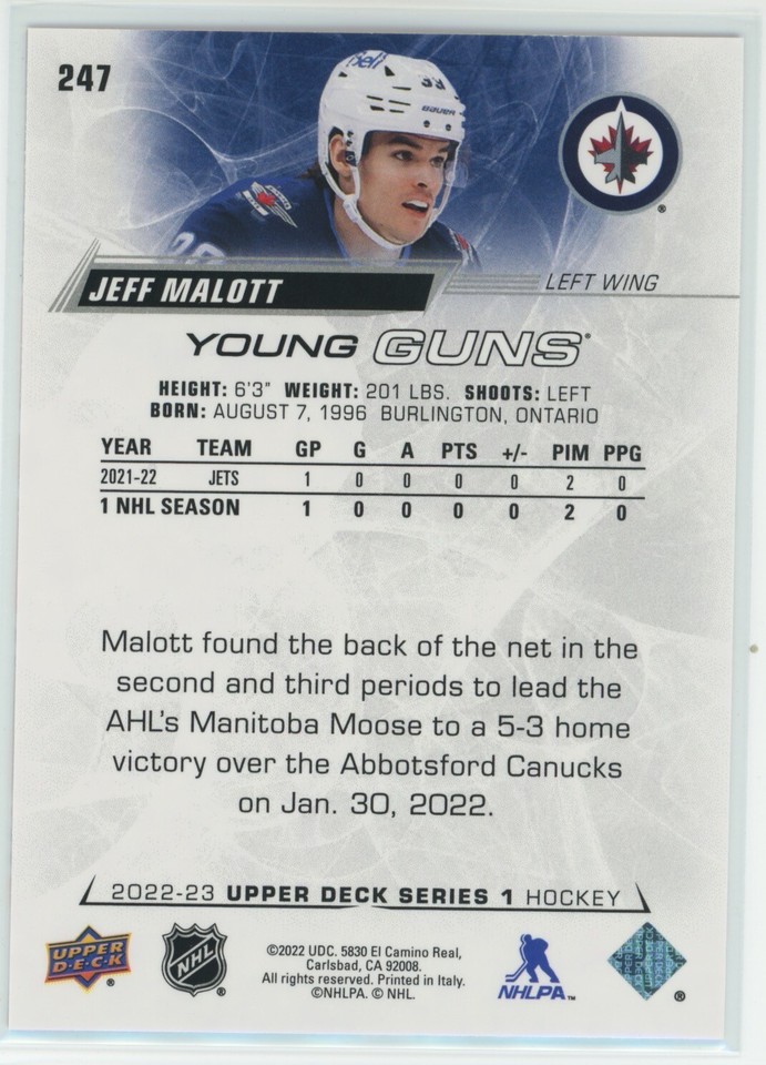 JEFF MALOTT 2022-23 UD SERIES ONE ROOKIE YOUNG GUNS #247 RC QTY | eBay