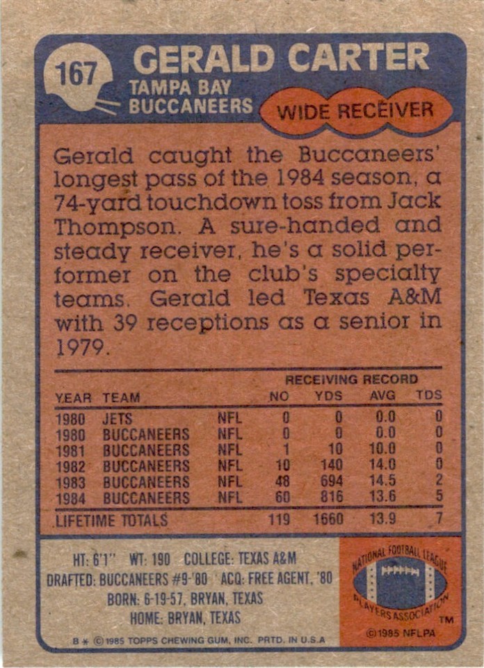 1985 TOPPS GERALD CARTER TAMPA BAY BUCCANEERS #167 | eBay
