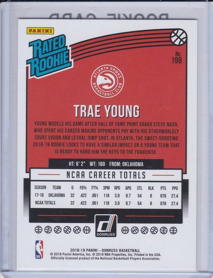 TRAE YOUNG ROOKIE CARD Atlanta Hawks Basketball 2018 DONRUSS RATED ...