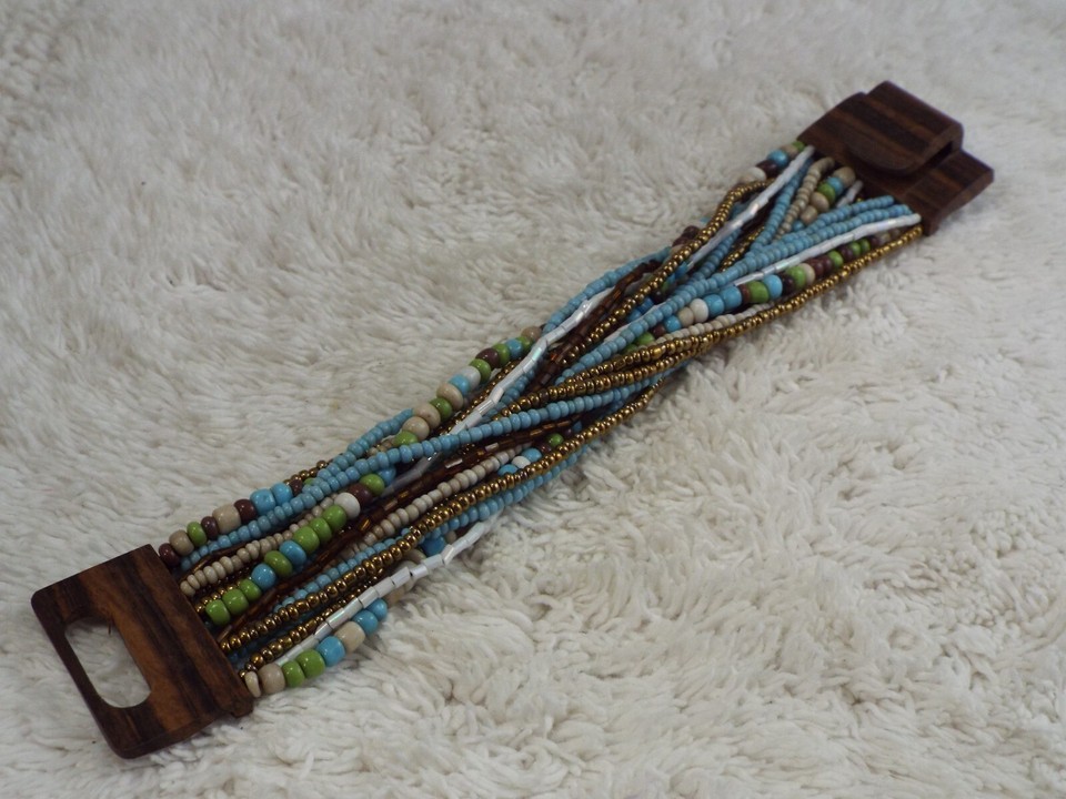 Blue White Green Glass Bead Wood Hook Clasp Stretch Bracelet (B59) | eBay