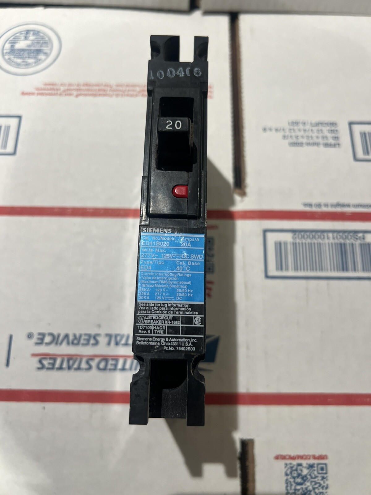 Siemens ED41B020 20A Circuit Breaker 1 pole 277 vac 20 amp ED ed41b020 ...