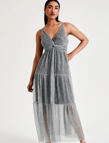 Myer Collection Metallic Plisse Tiered Maxi Dress Silver (6) | eBay