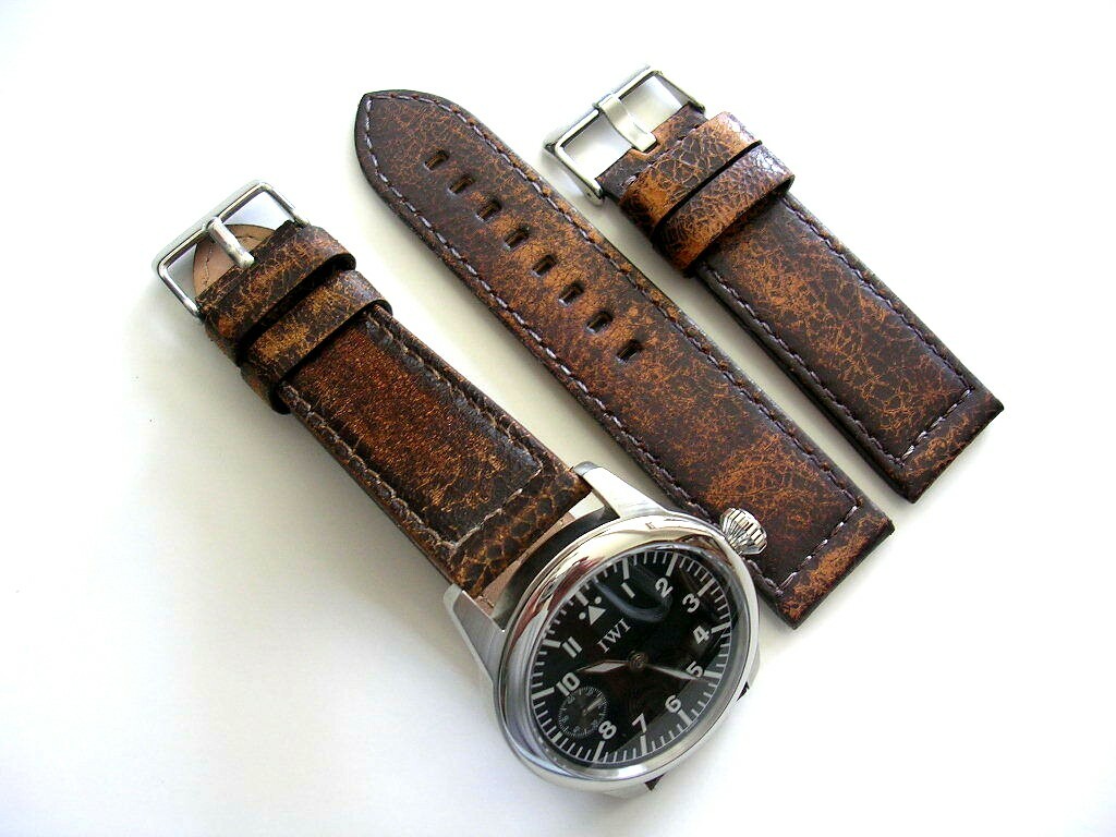 22 24 26mm Brown Distressed Aged leather Military Pilot watch band IW ...