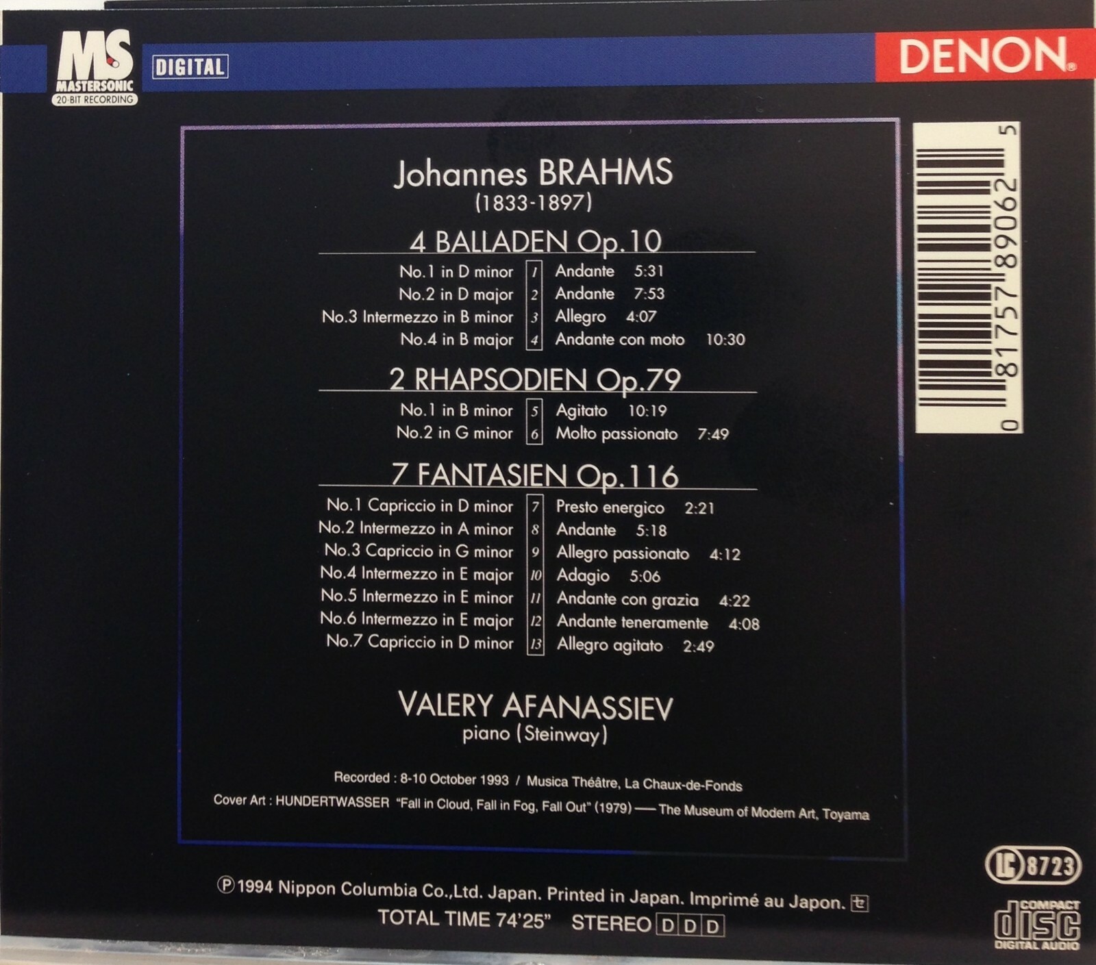 Brahms: 4 Balladen Op. 10; 2 Rhapsodien Op. 79; 7 Fantasien Op. 116 (CD ...