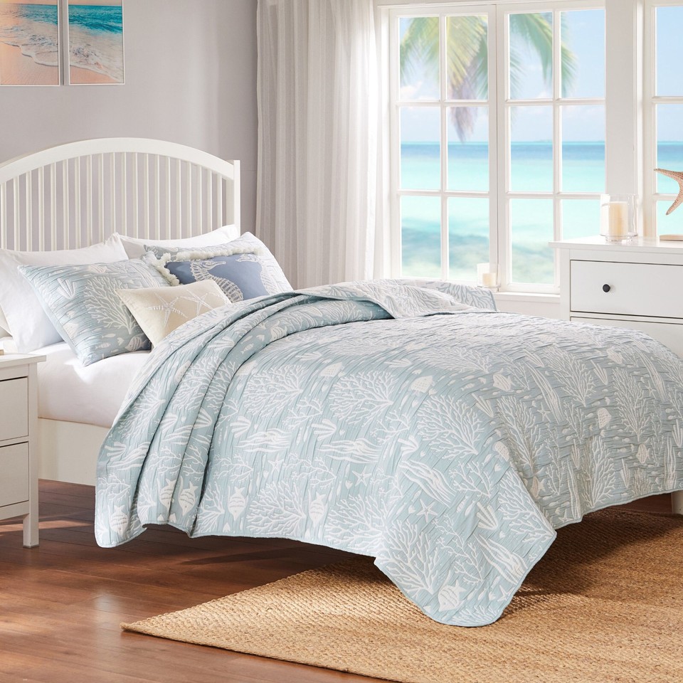 MARINA SEAFOAM GREEN 2pc Twin QUILT SET : CORAL FISH BEACH OCEAN SHELL ...