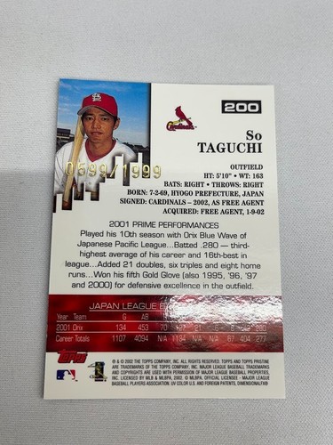 2002 Topps So Taguchi Card #200 #0599 of 199 St. Louis Cardinals | eBay
