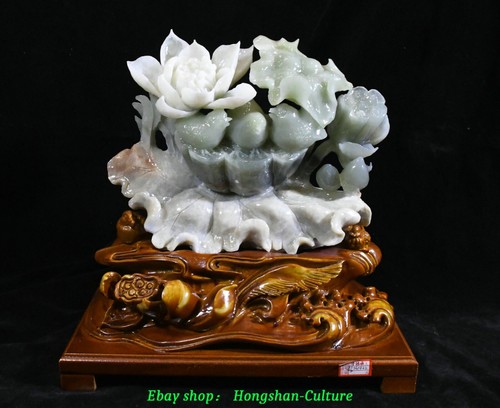 13'' Chinese Natural Green Xiu Jade Carving Lotous Flower Root Bird ...